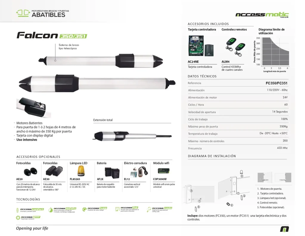 Motor Accessmatic Falcon 350 para puertas batientes de 4 metros de ...